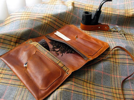 Leather Pipe & Tobacco Pouch in Hand Dyed Leather and Grey