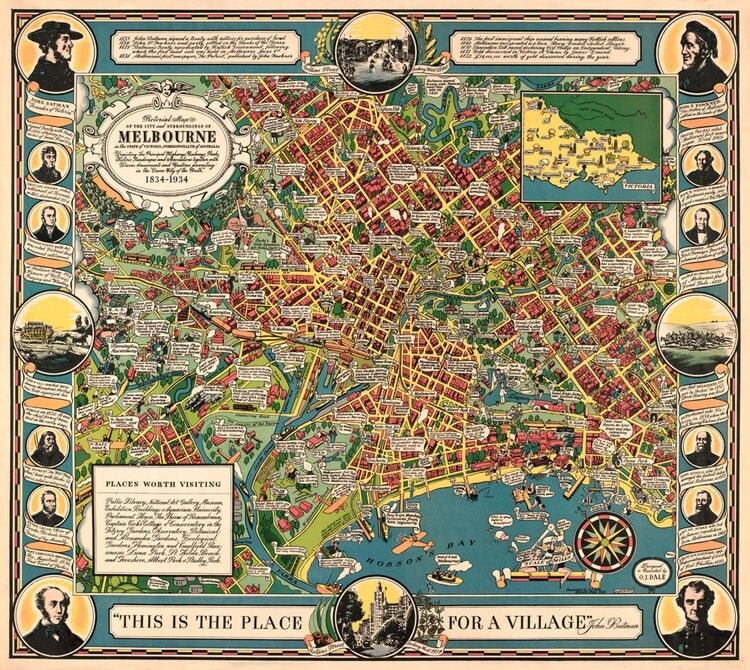 Illustrated map of Melbourne Melbourne map Old by AncientShades