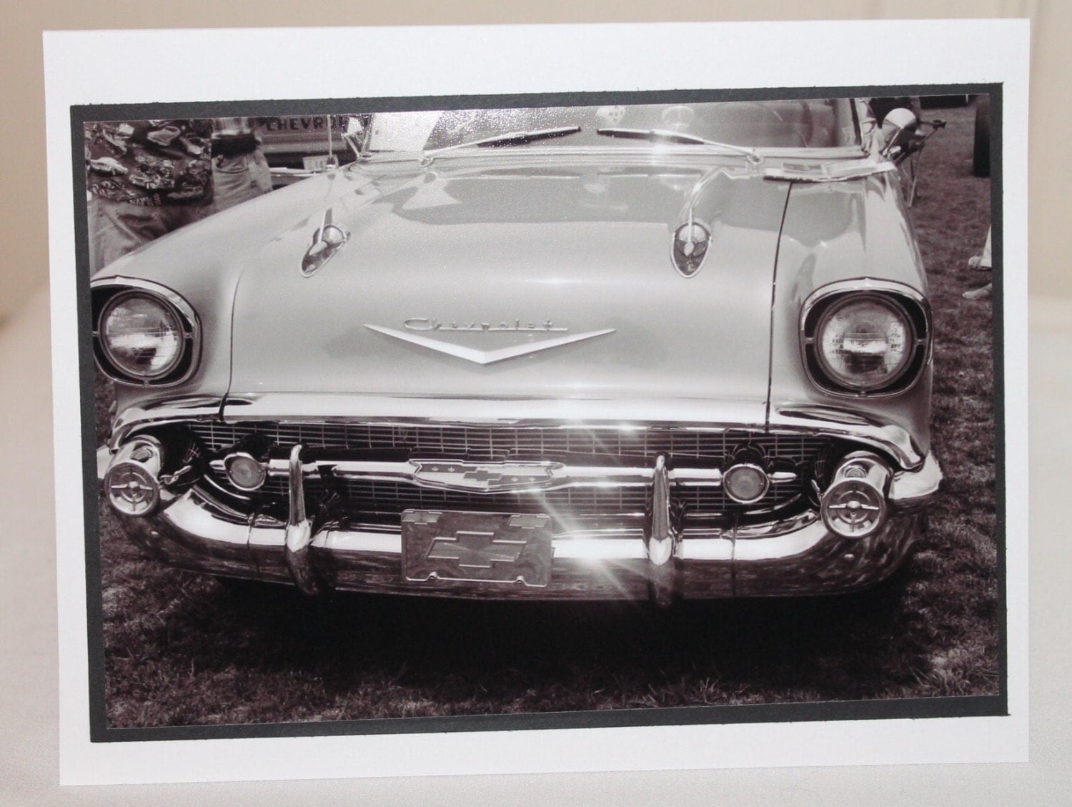 photo card classic car 57 chevy black and white