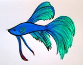 Items similar to Green and Blue Betta, Original Black and Colored Ink ...