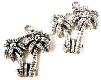 10 Antique Silver Palm Tree Tropical Coconut Tree Charms
