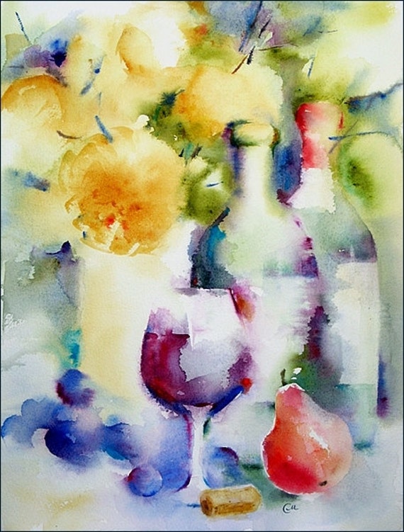 Wine Original Watercolor Painting Autumn Wine