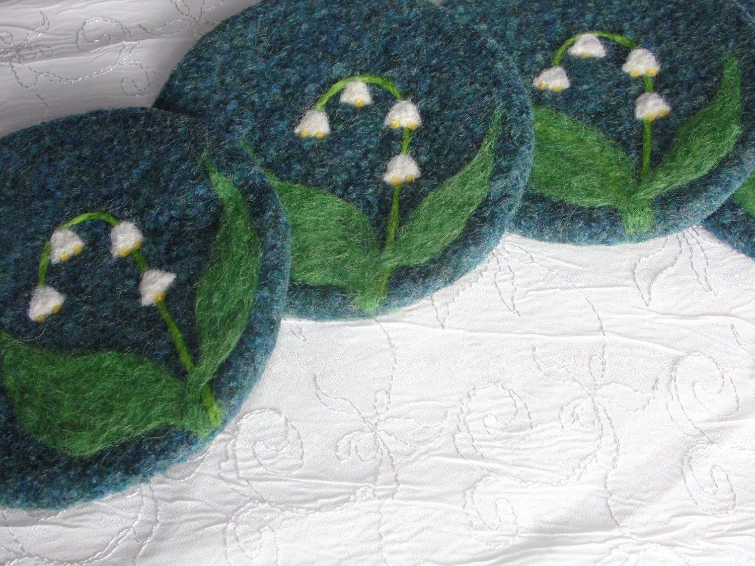 Wool Felted Coasters with a Needle Felted Lily of the Valley