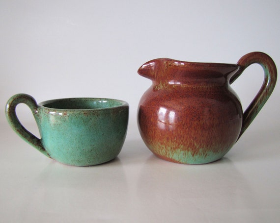 Pine Ridge Sioux Pottery Pitcher and Cup Brown and Turquoise