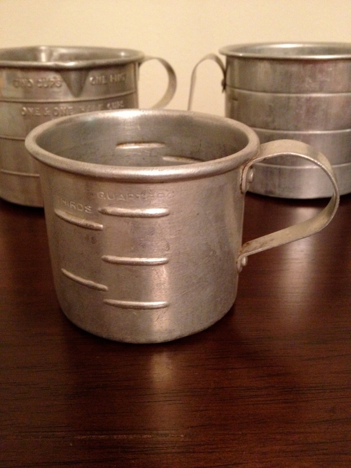 Set of 3 Vintage Aluminum Measuring Cups by SchmitysVintageBooty