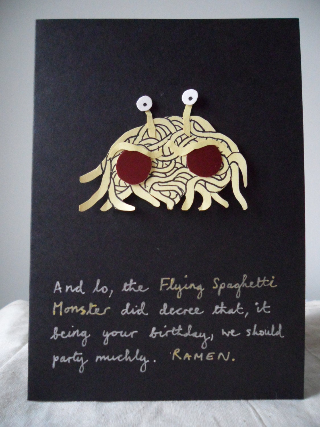 Flying Spaghetti Monster greetings card Birthday by VespersCraft