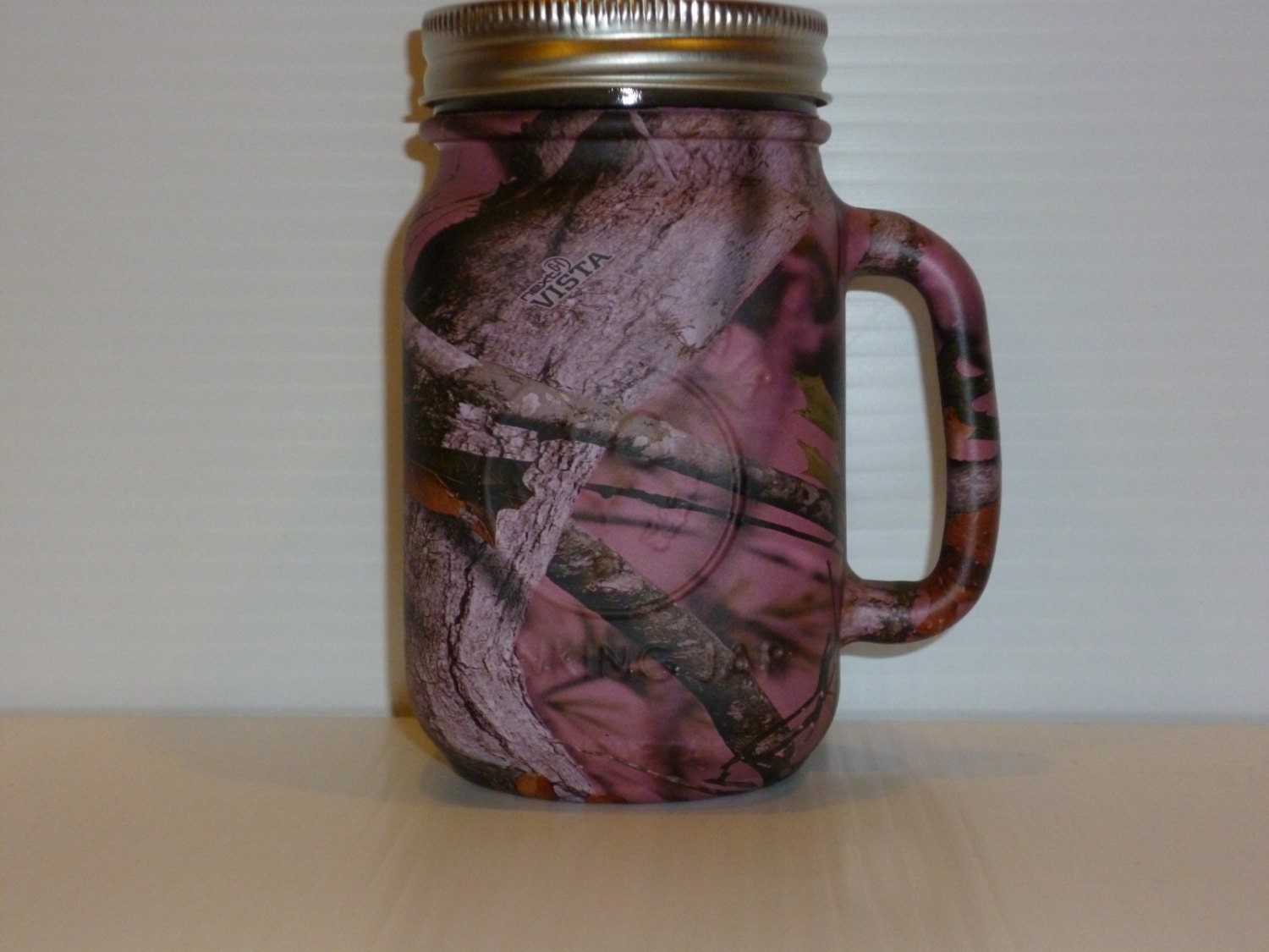 Mason jar redneck beer mug hydrodipped in pink vista camo