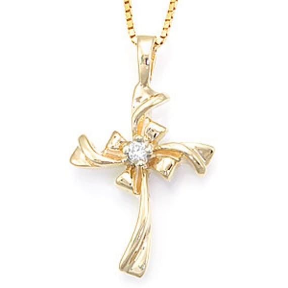 Diamond Cross Pendant 14K Yellow Gold Cross Pendant Ladies