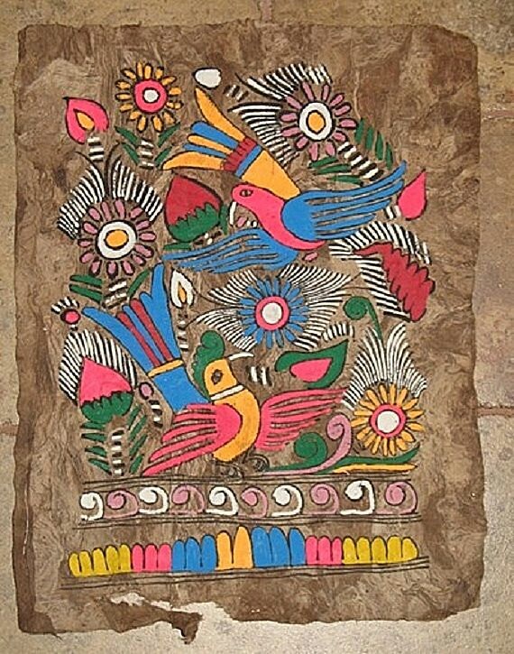 VINTAGE Mexican Folk Art Bark PaintingTwo Birds