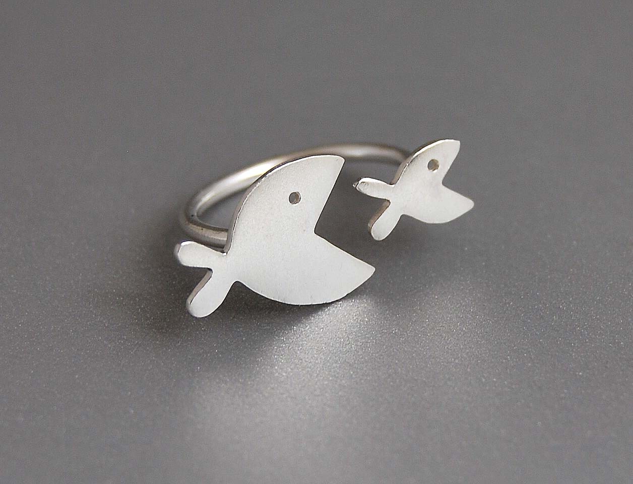 Two Fishes Open Ring Sterling Silver Adjustable Band Playful