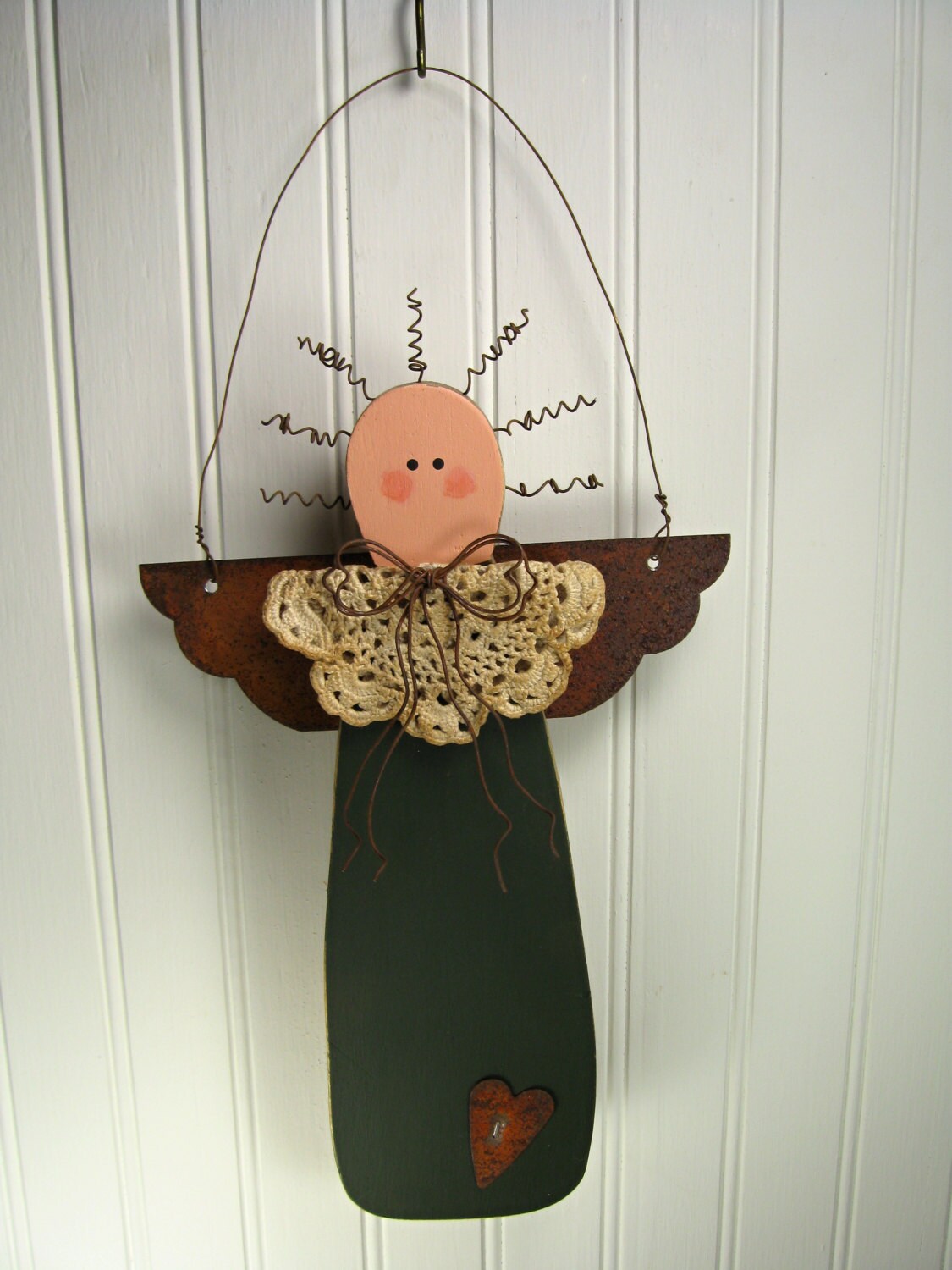 Primitive Wooden Garden Angel with Rusty Tin by TheCountryTouch