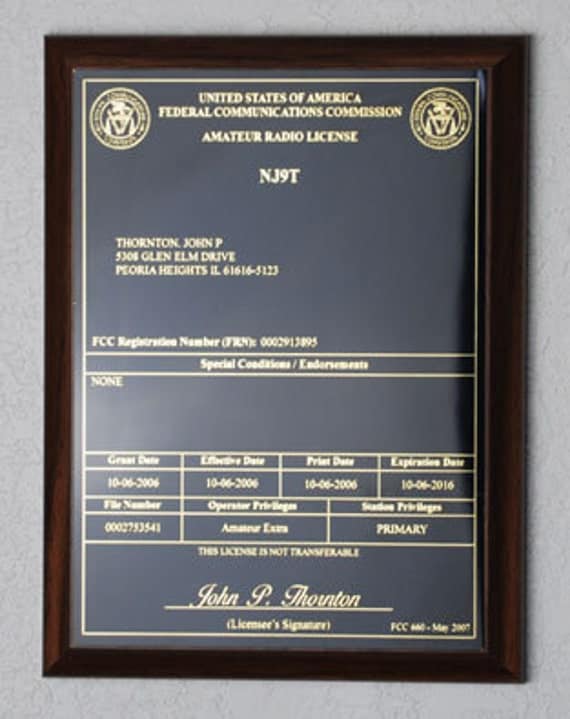 Amateur Radio License Plaque Black & Gold on Walnut