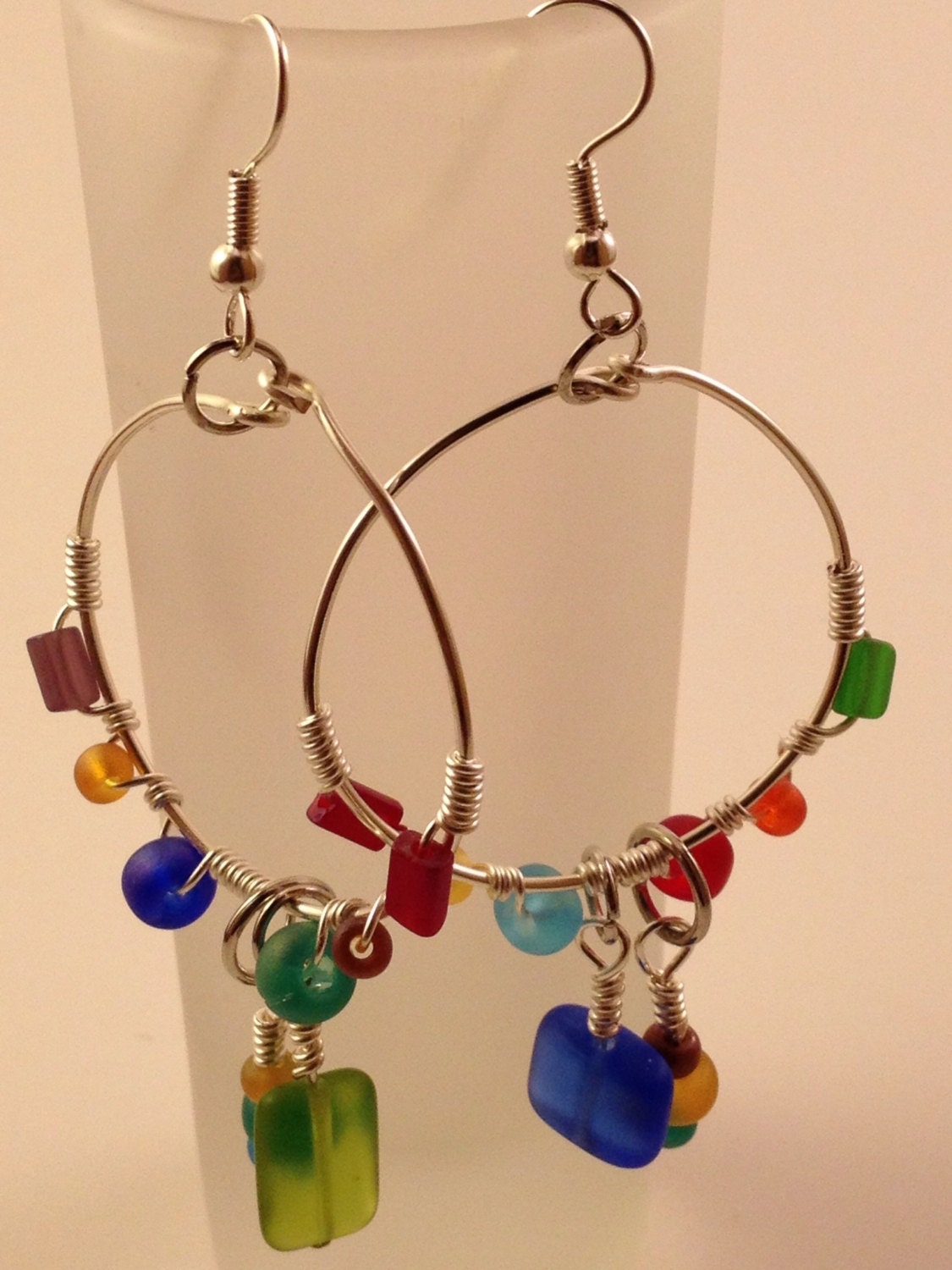 Earrings silver plated wire hoops and multi-colored glass