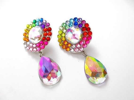 Items similar to Rainbow Acrylic Rhinestone Drop Earrings, Light Weight ...