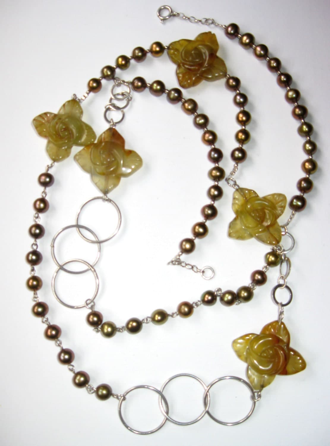 Exclusive flowers Korean Jade necklace bronze Pearls and 925