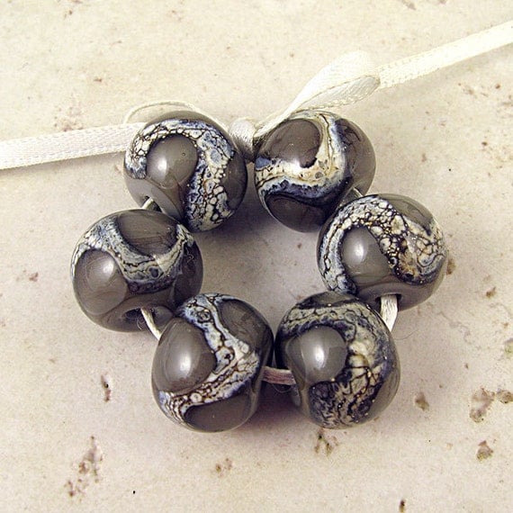 Handmade Lampwork Glass Bead Set of 6 14x11mm Dark Gray