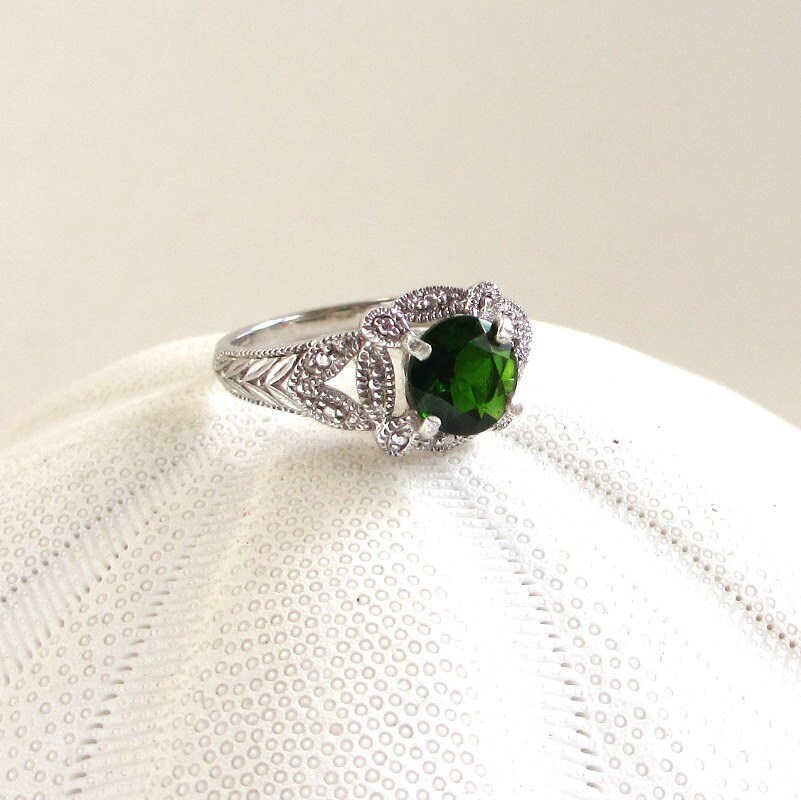 Russian Chrome Diopside Ring .925 Sterling Edwardian Style