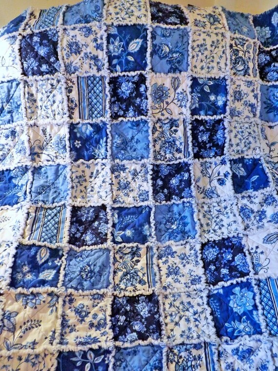 Blue and White Floral Rag Quilt Cottage Style Large Lap