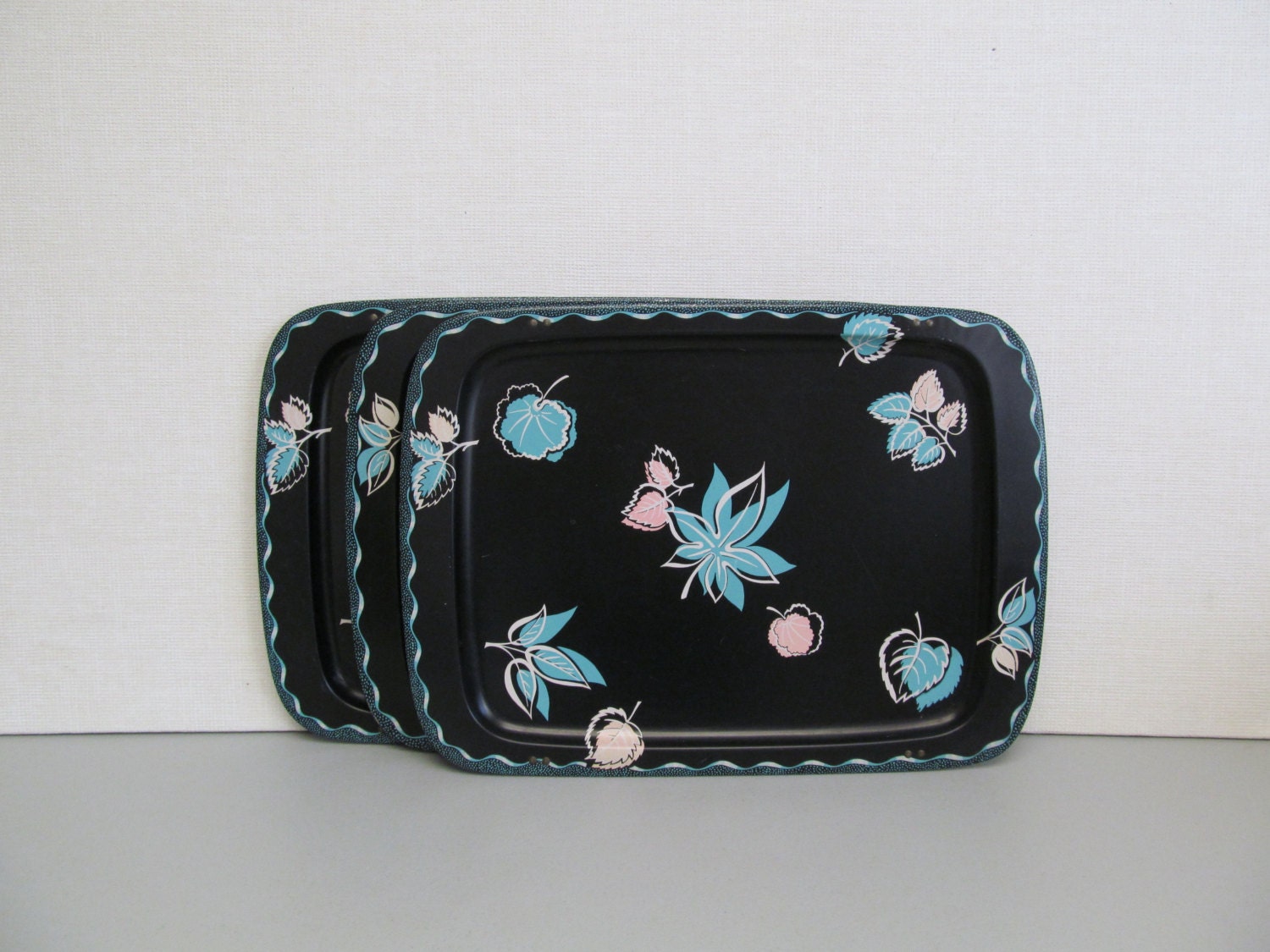 Mid Century Tole Painted Tray / Black Aqua and Pink / Retro 50s Design ...