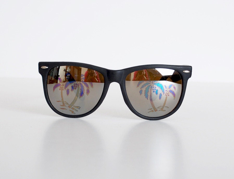 Vintage 80s Black Hologram Palm Tree Sunglasses Shades