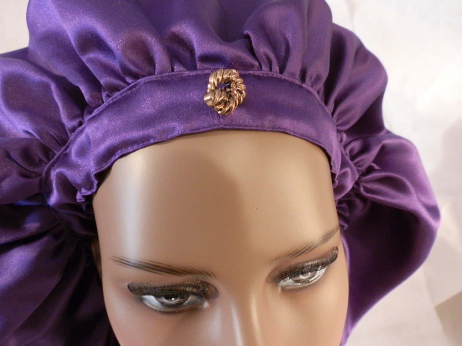 Purple Satin Hair Bonnet with Gold Button by JJMaslinsArtDesigns
