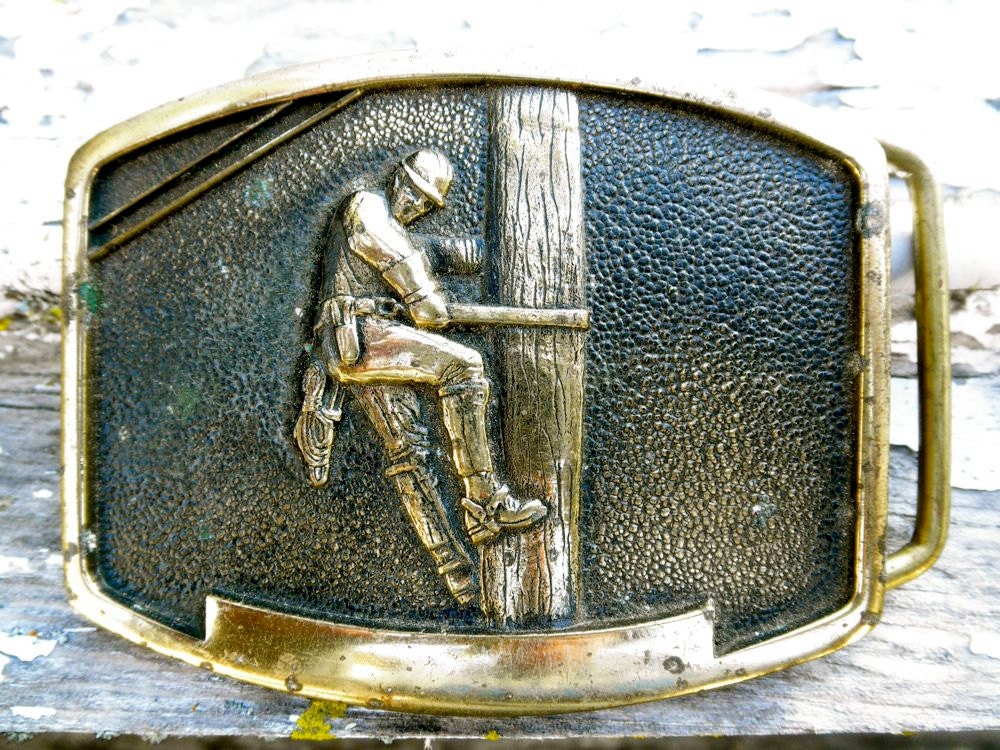 Vintage 1970s Brass LINEMAN Belt Buckle BTS Made in USA