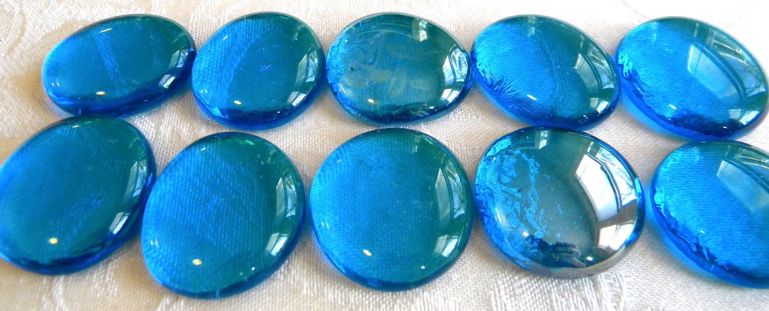 10 Large Flat Glass Gems Caribbean Blue Half Marbles