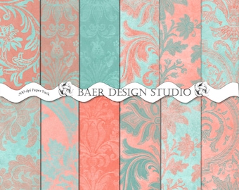 PEACH, CORAL, TEAL Antique Damask Digital Paper: 8.5 x 11 printable ...