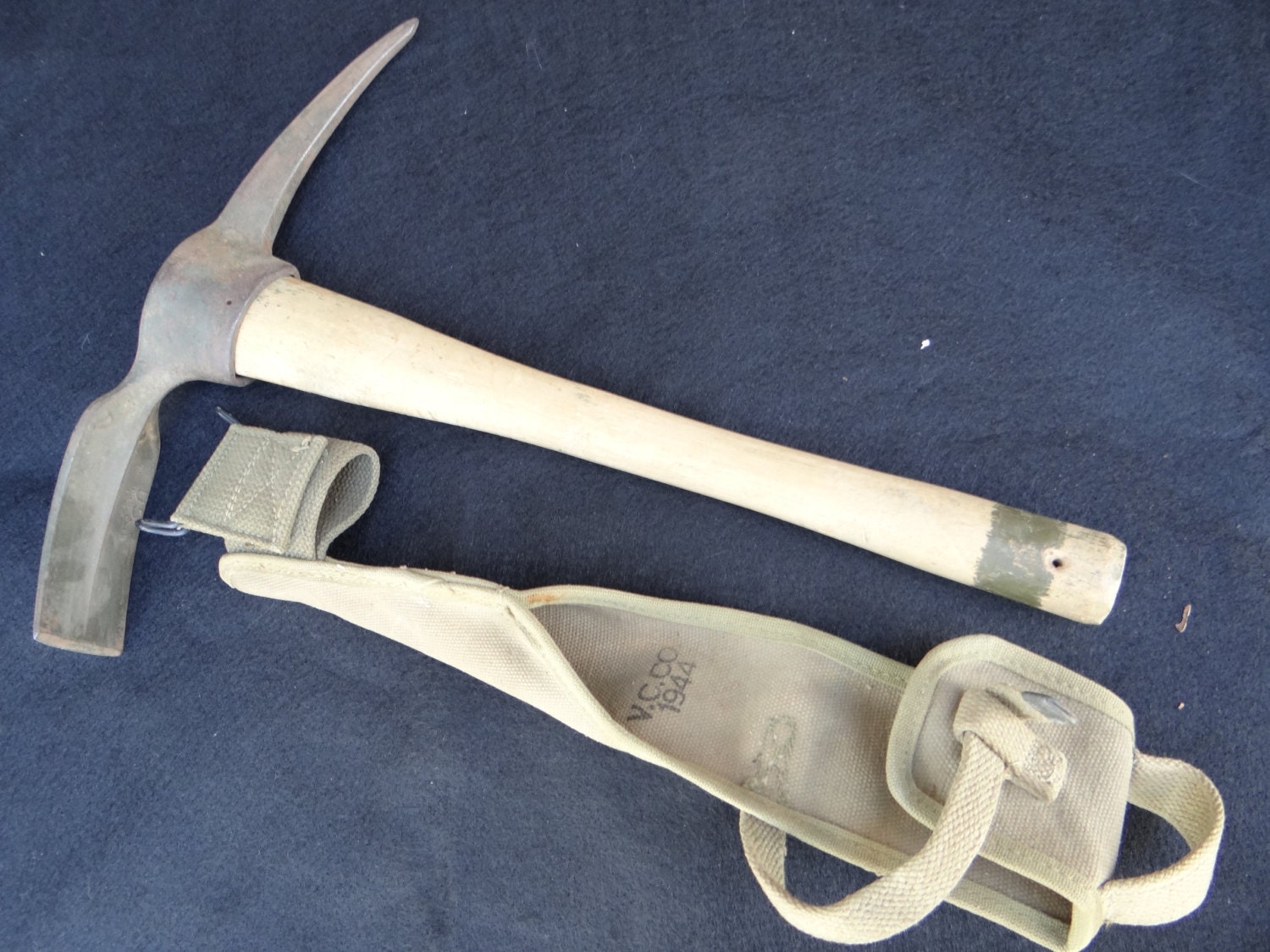 1944 WWII US Army Pick Axe With Canvas Sheath Military