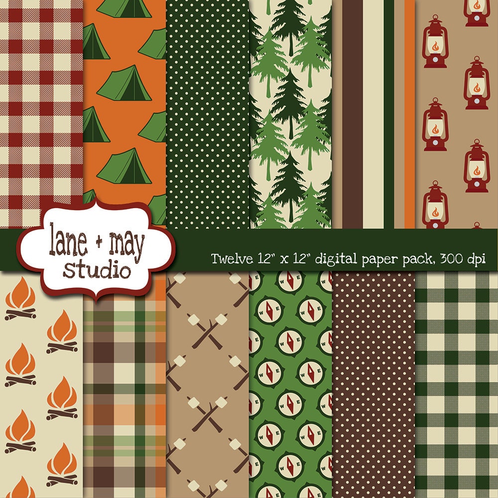 digital scrapbook papers green orange and brown camping
