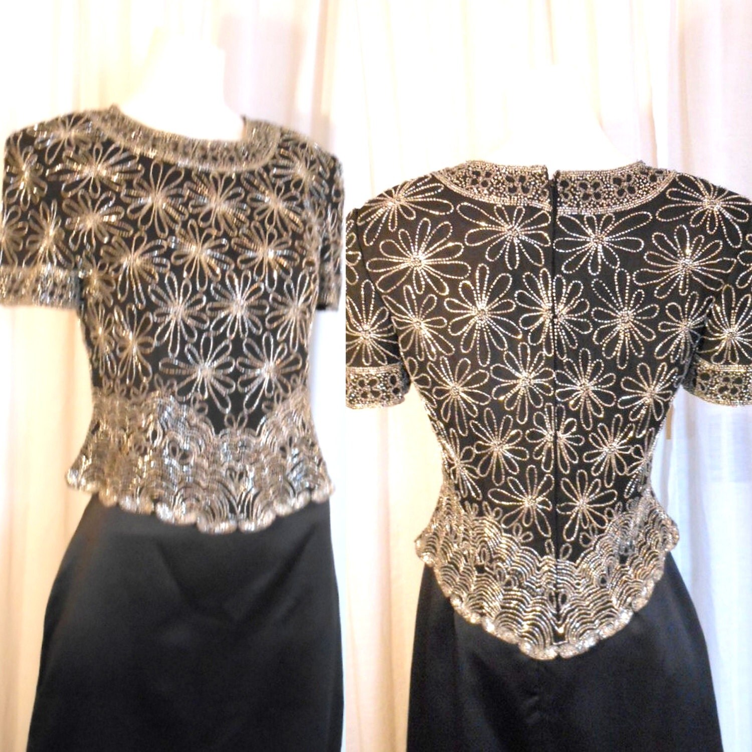 Papell Glass Beaded Evening Top Silk Black By Borntoshopvintage