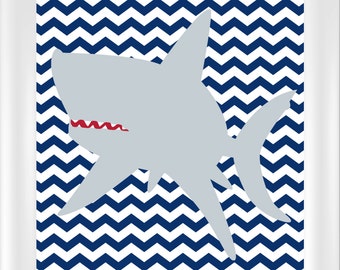 Chevron Shark Nautical Nursery Blue Gray Wall Art by TurnTwoImages