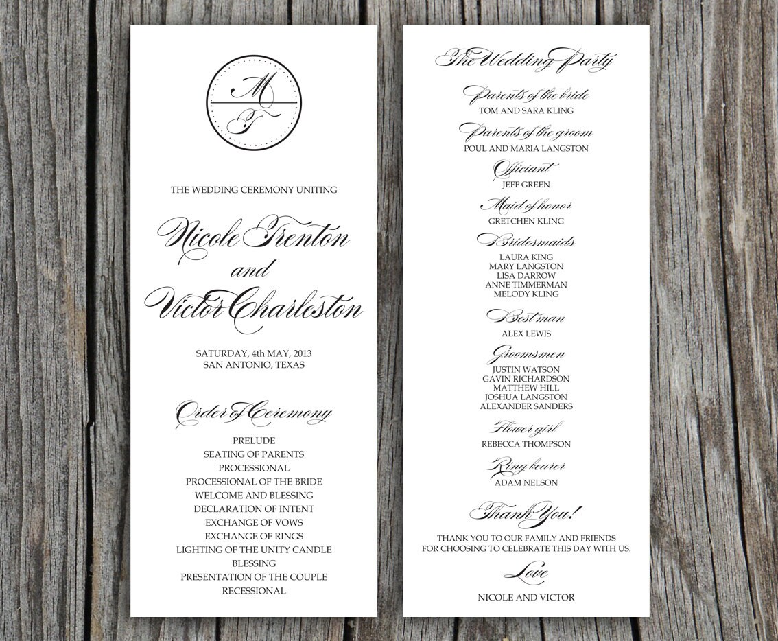 Stylish Monogram Nicole Printable Wedding Program – DIY Program ...