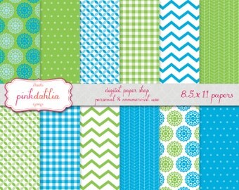 blue green digital scrapbook paper pack baby boy commercial use - blue ...