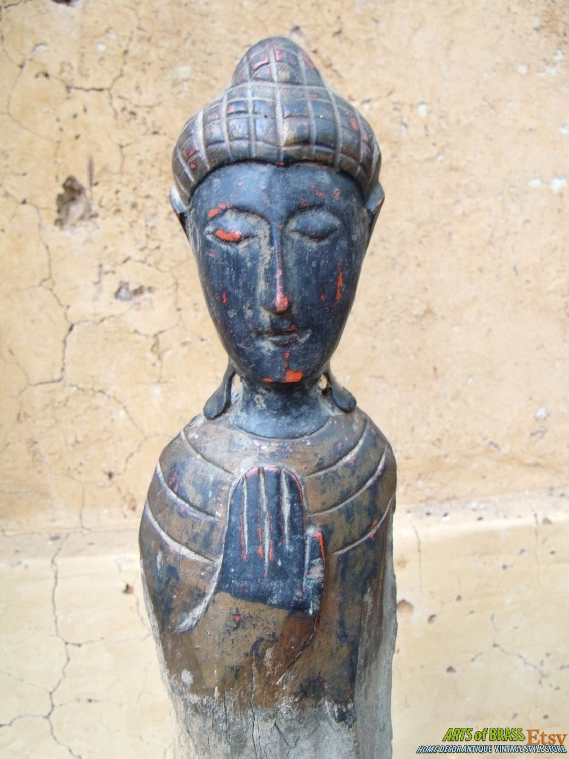 Antique Vintage BUDDHIST PRAYING MONK Statue Wooden Old Original ...