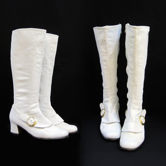 60s Boots Vintage Go-go White Leather Buckle Knee by voguevintage