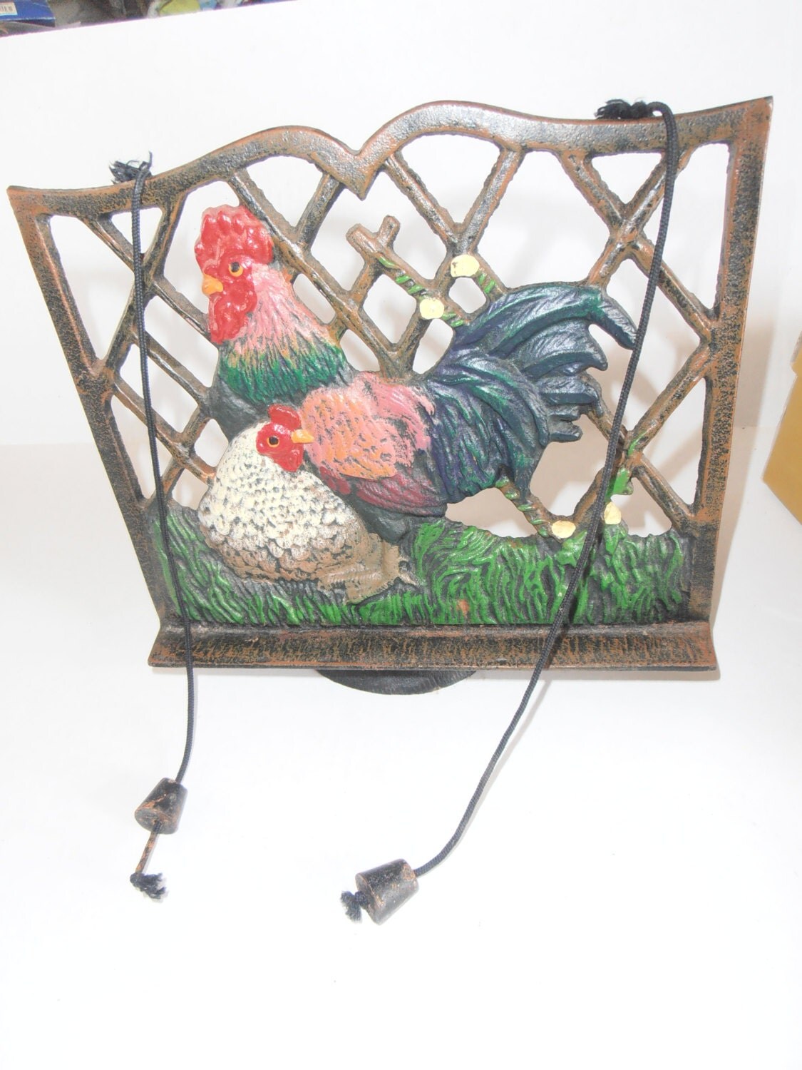 Vintage Cast Iron Rooster and Chicken Cookbook Painted Stand