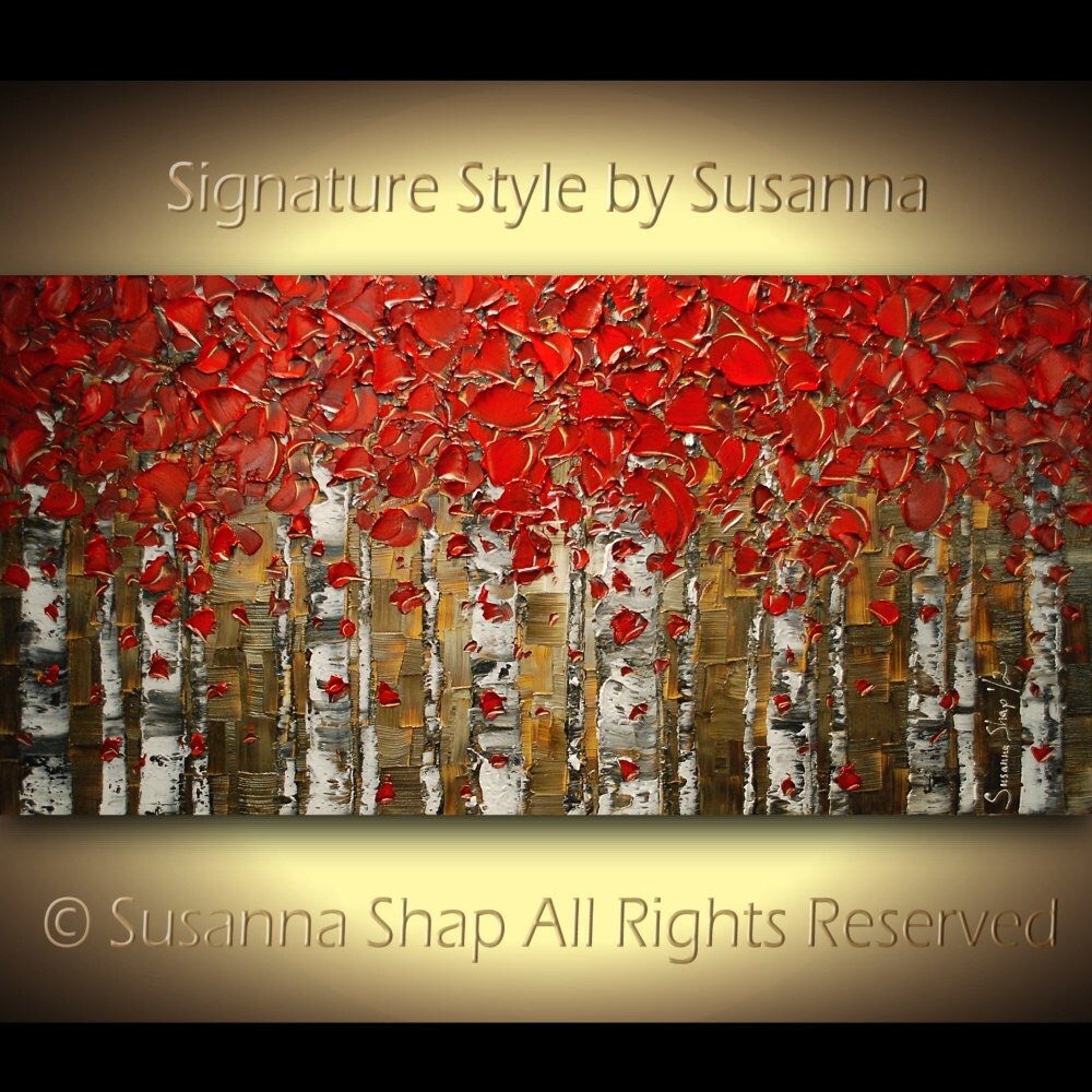ORIGINAL Abstract Red Birch Trees Painting by ModernHouseArt