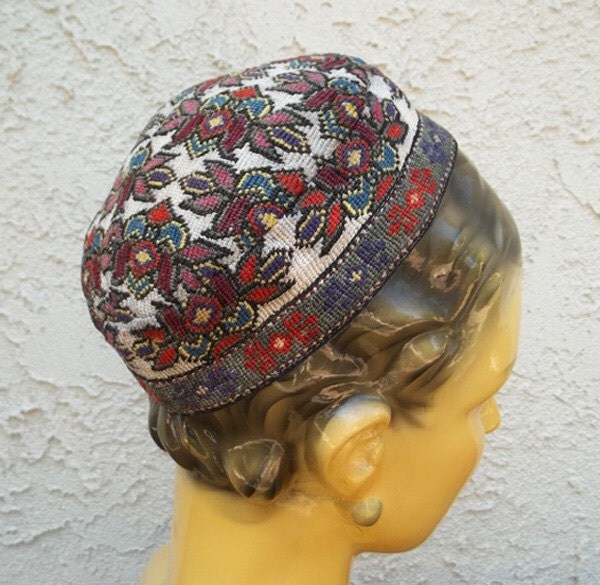 SALE…Vintage Hand Embroidered Needlepoint Wool Skull Cap Hat…A Real ...