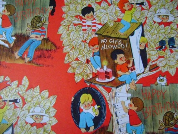 Vintage 1970s Gift Wrap Boy Happy Birthday Theme by PlanetTrout
