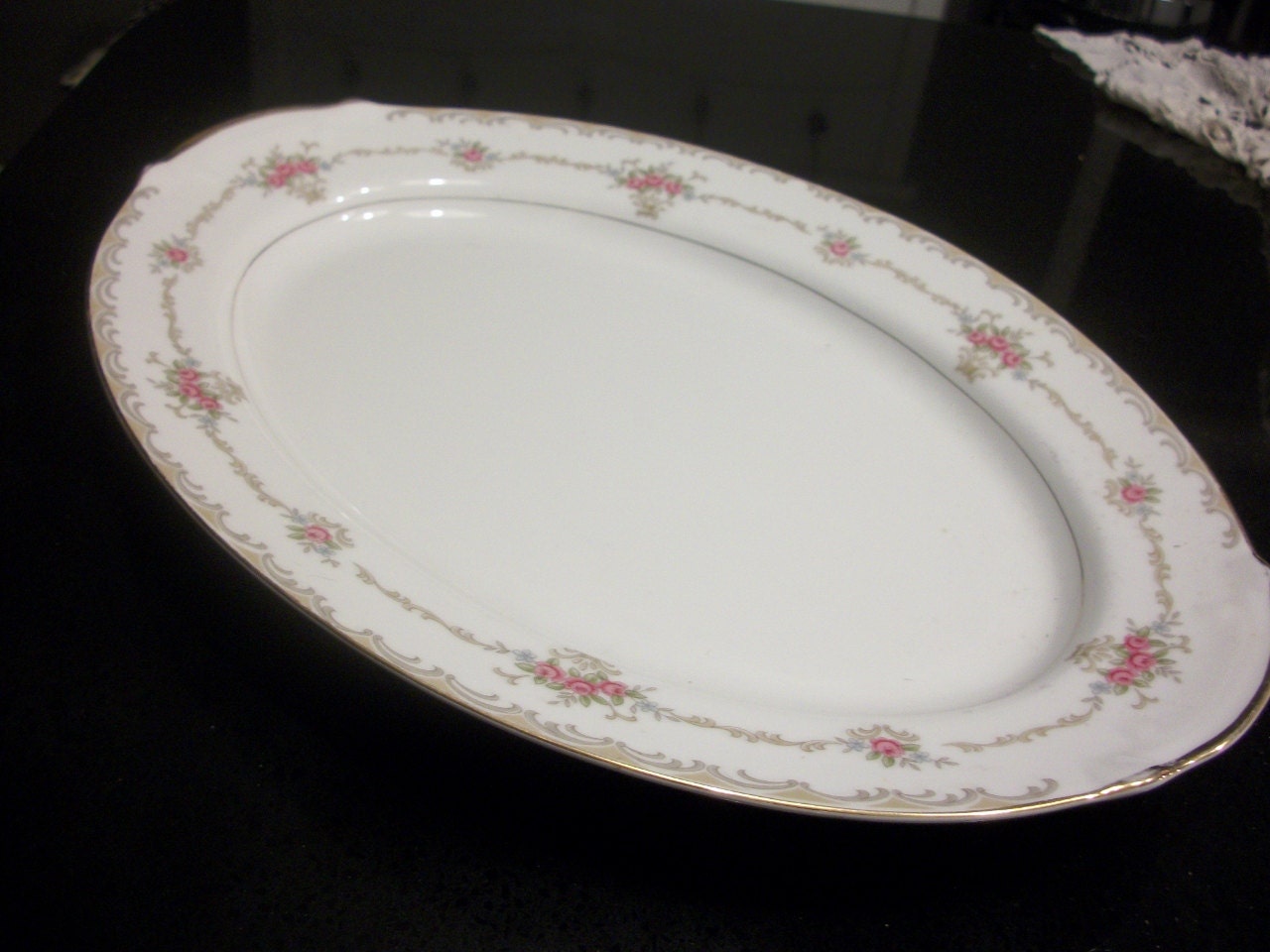 Fine china platter vintage oval shaped with rosette patterned border ...