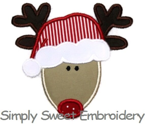 Christmas Reindeer with Santa Hat Machine Embroidery Applique Design