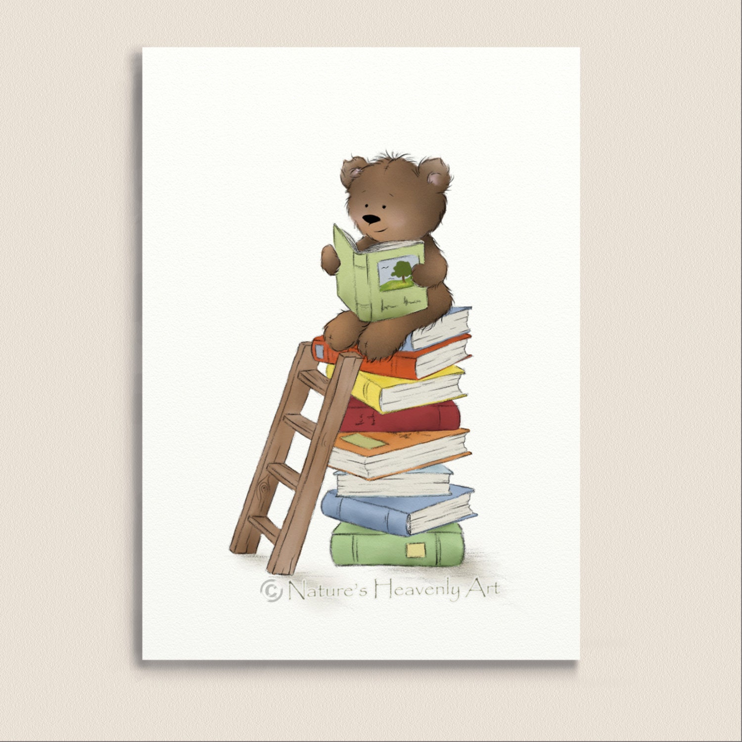 Brown Teddy Bear Reading Books Nursery Wall Art Print
