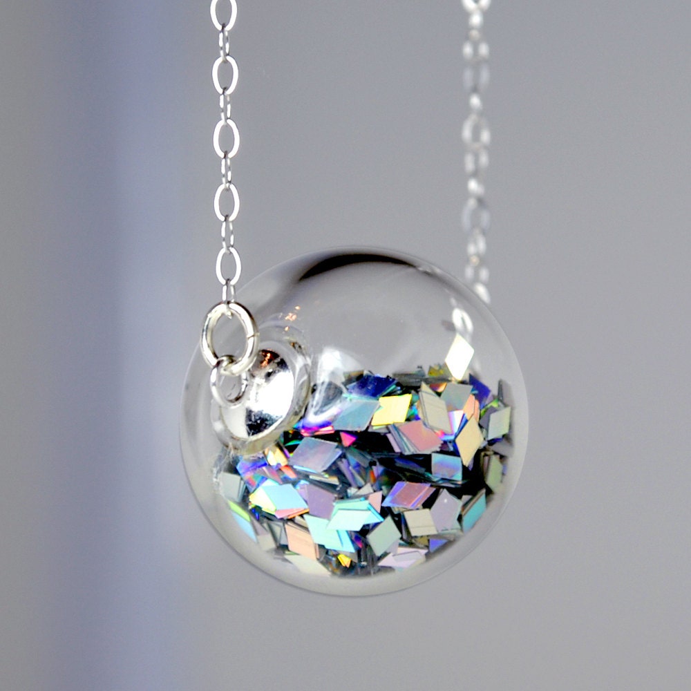 Prism glitter hand blown glass ball silver necklace by thestudio8