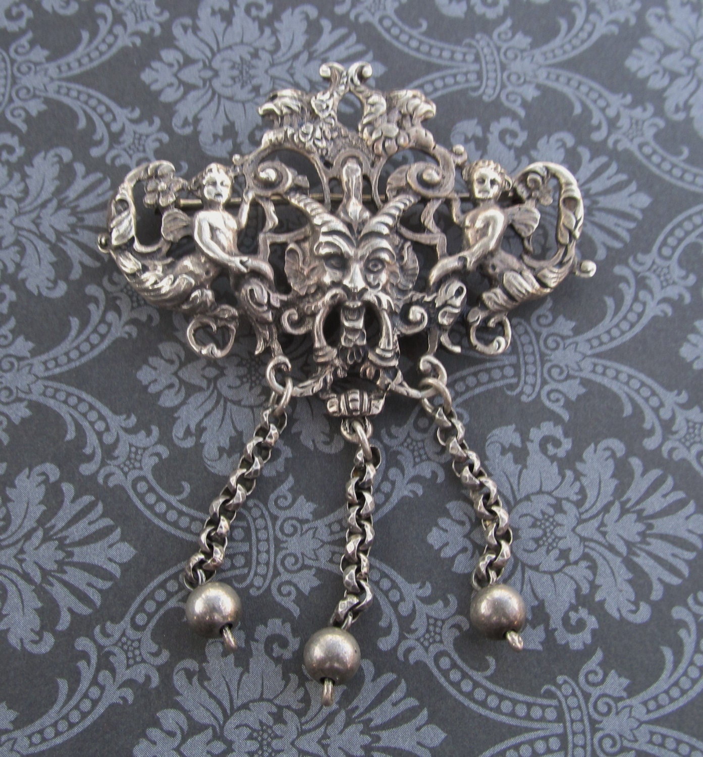 Antique Cini Sterling Silver Brooch Bacchus Horned Devil