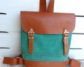 Mini Green Waxed Canvas Backpack for Kids with Adjustable Leather Strap ...