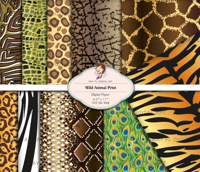 8x11 Animal Print Digital Paper Pack Scrapbook Printable Elephant Snake ...