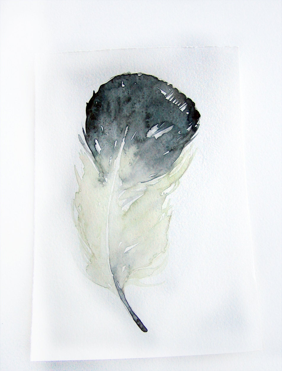 Watercolor painting of feather. Art original. Vanilla and