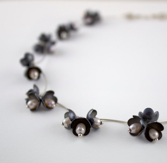 Items Similar To Oxidized Sterling Silver Flower Necklace With Pearls