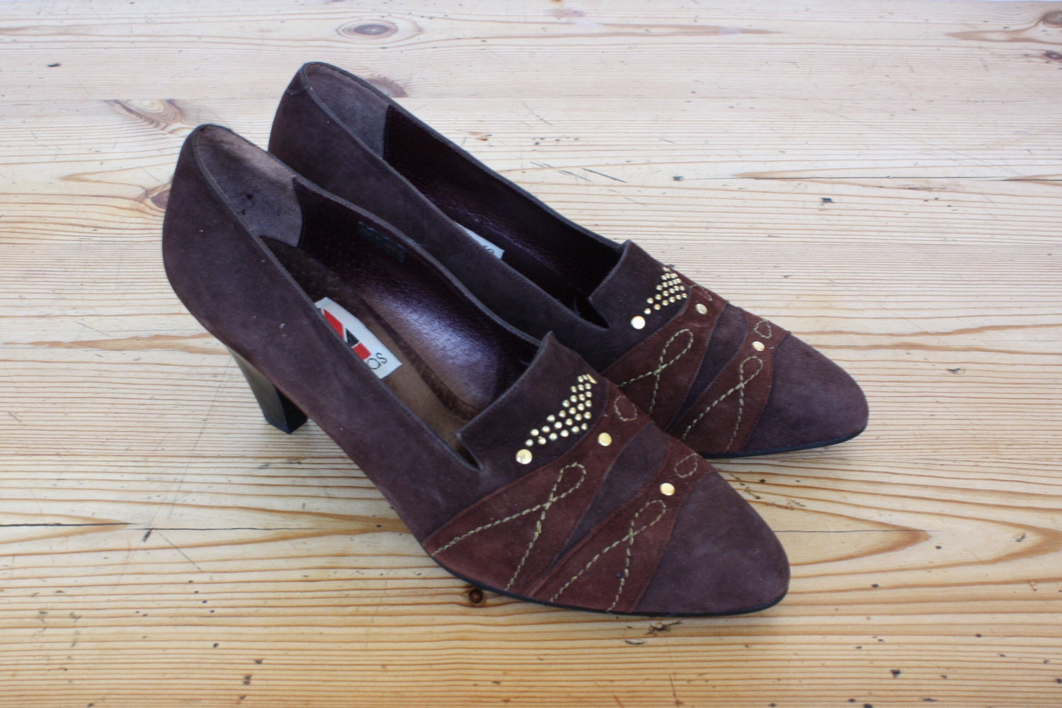 SALE / 80s Rock’nroll studded Chocolate Brown Suede Heels, Sleepers ...